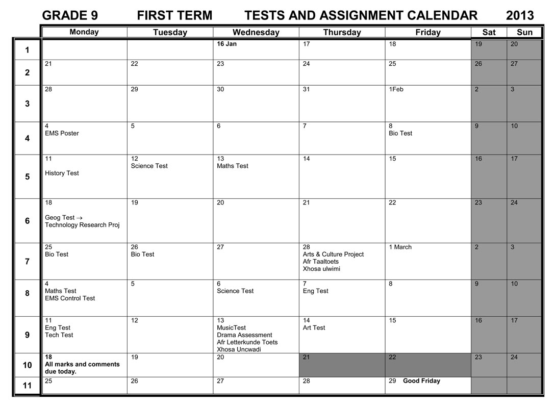Camps Bay High School: CBHS Tests & Assignments Calendars - 1st Term '13