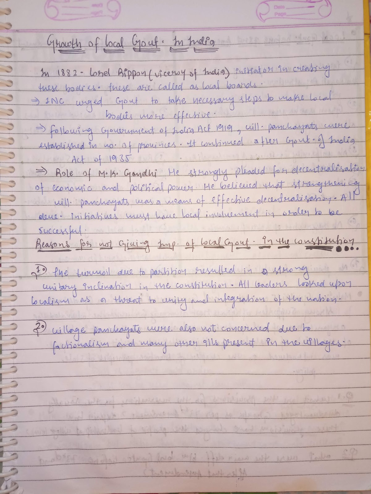 Handwritten Notes of Local Governments-class 11th-Political Science