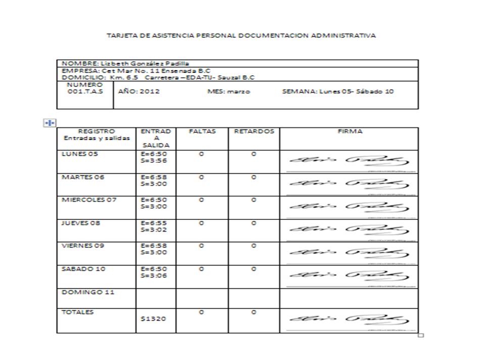 NaDyA AnSeLL: Tarjeta de Asistencia Semanal Documentación Administrativa