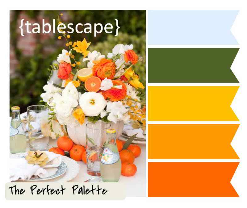 {Tablescape}: A Palette of Shades of Orange, Yellow, Sage Green + Sky ...
