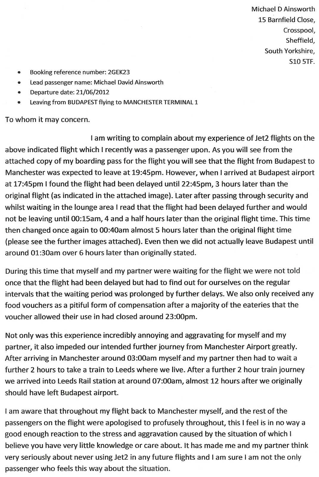 M D AINSWORTH: JET2.COM complaint