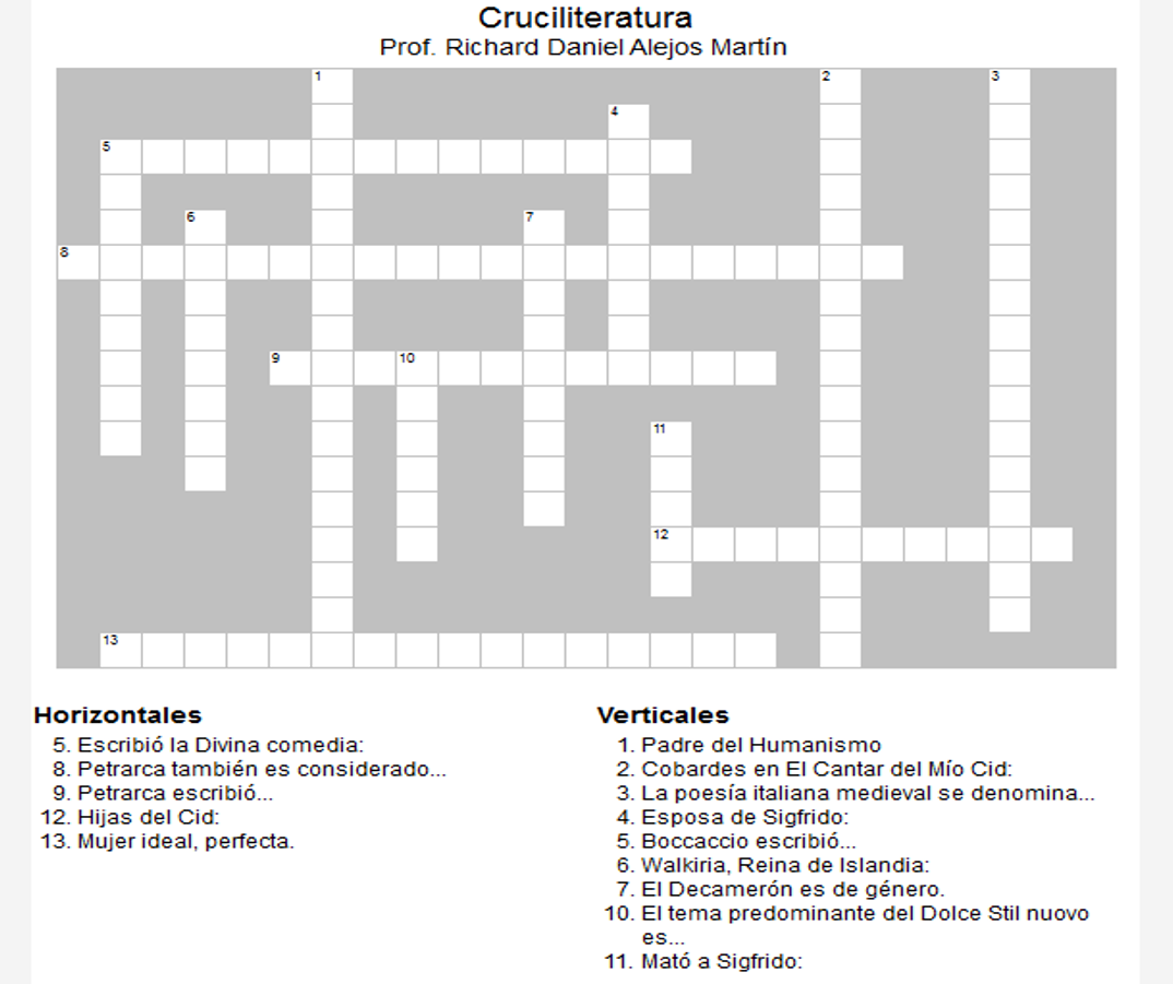 Profe de Literatura: Crucigrama Literatura Medieval-Renacimiento