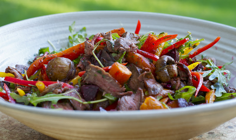 nz flavour: roast vegetable salad with beef fillet