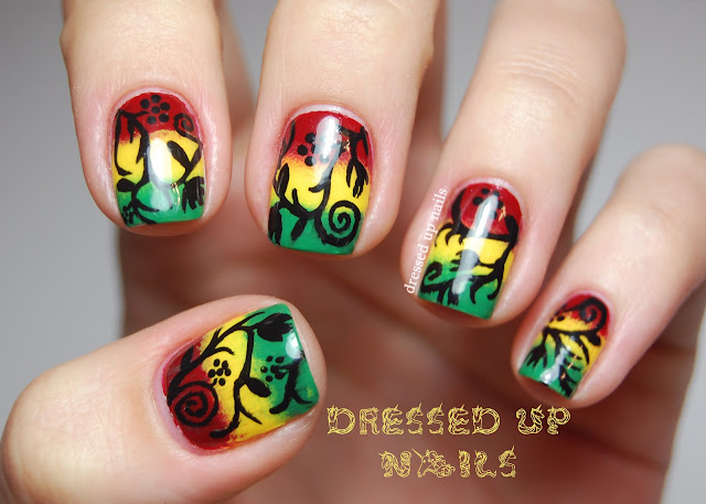 Freehand floral silhouette over a rasta-color gradient for my 420 nails ...