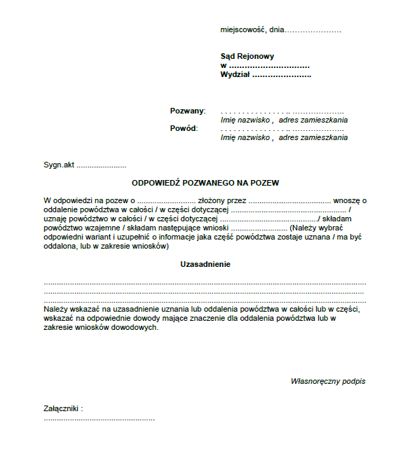 Odpowiedź na pozew wzór
