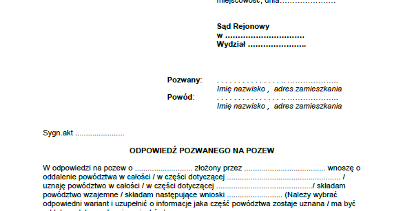 Odpowiedź na pozew wzór