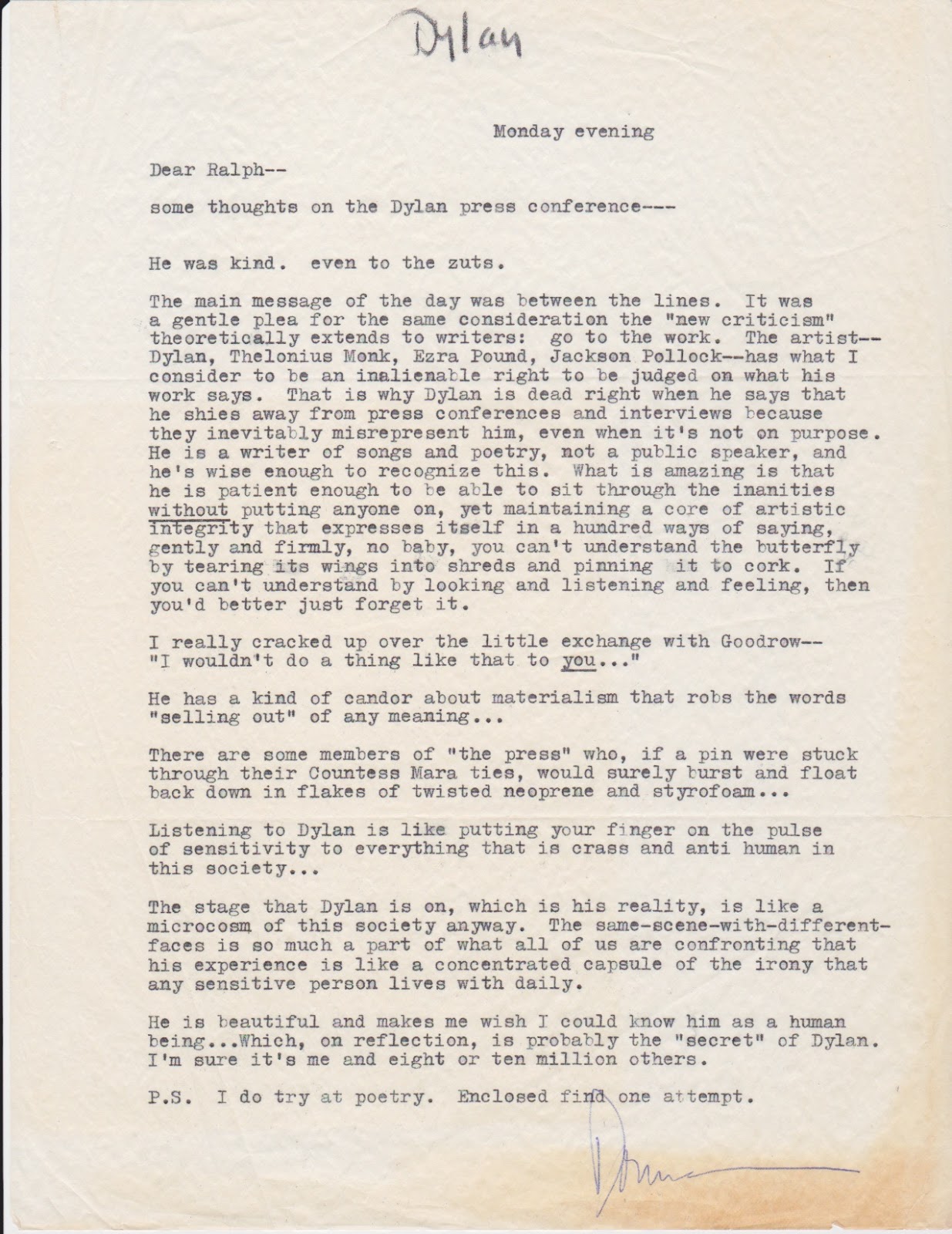 SOME INTERESTING LETTERS…AND MORE BOB DYLAN