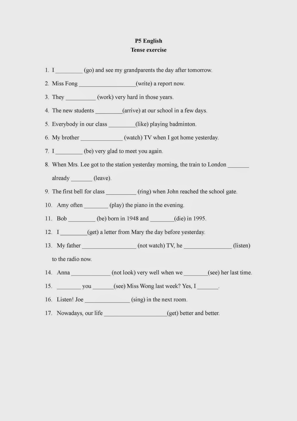 高小考第一: P5 English Tense Exercise with answers