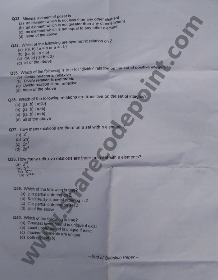 MTH401 : Discrete Mathematics Mid Term Exam MCQ Question Paper 2017 | lpu