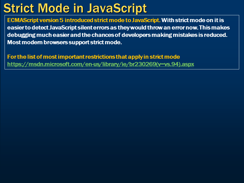 Sql Server Net And C Video Tutorial Strict Mode In Javascript