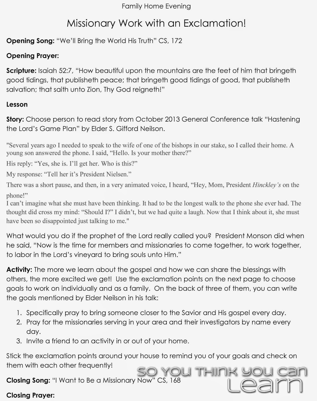 So You Think You Can Learn: Primary Activity - Missionary Training ...