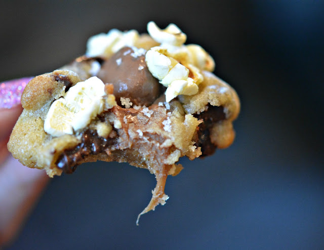 THE PERECT MOVIE NIGHT CHOCOLATE CHIP COOKIE...WITH POPCORN & MILK DUDS ...