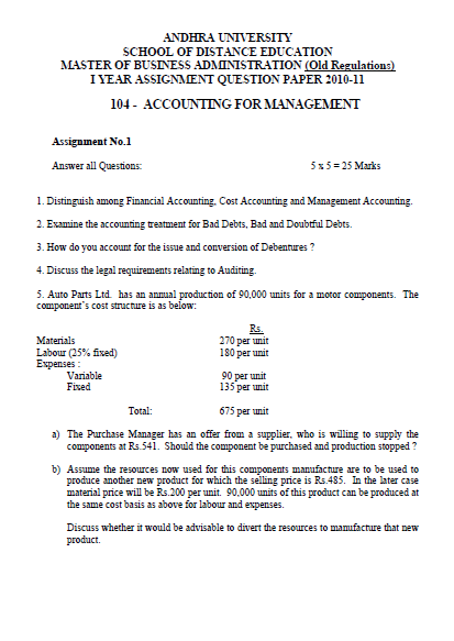 AU MBA Accounting for Management 2011 Question Paper - University ...