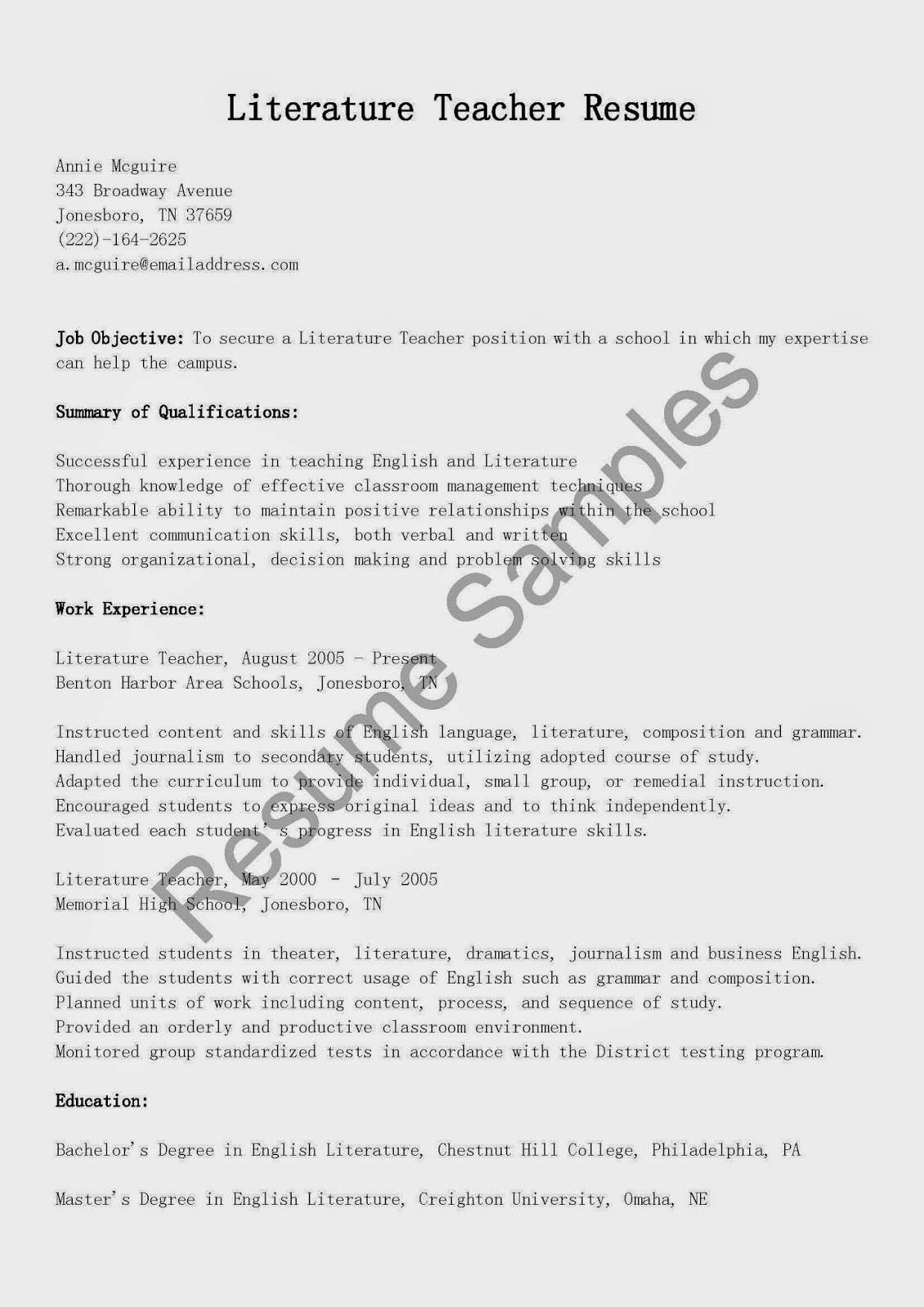 Resume Samples: Literature Teacher Resume Sample