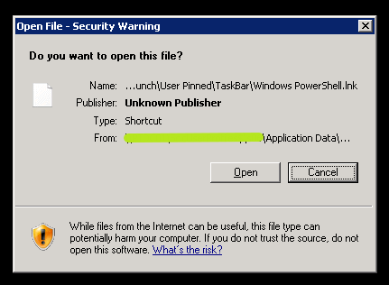 Showing security warning when opening shortcut file - Windows