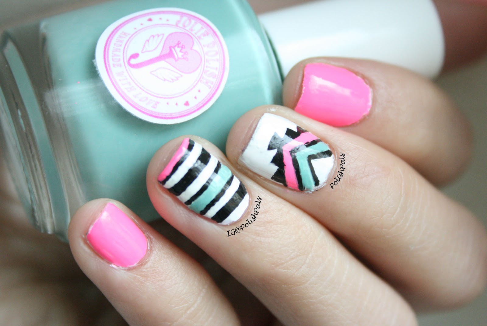 Polish Pals: Hot Pink & Green Tribal Aztec Nails