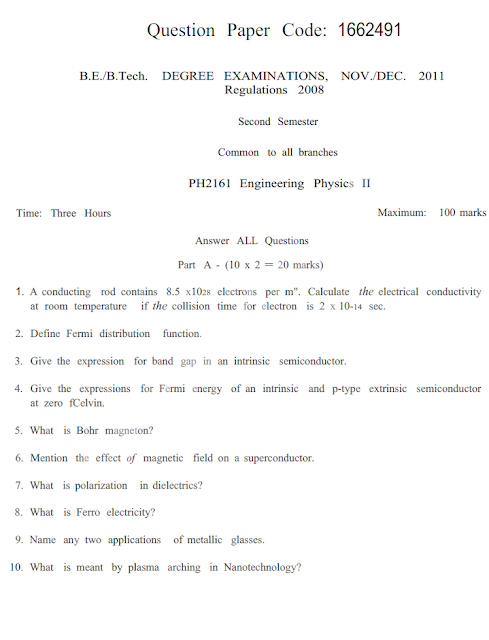 PH2161 Engineering Physics-II Nov Dec 2011 Question Paper - University ...