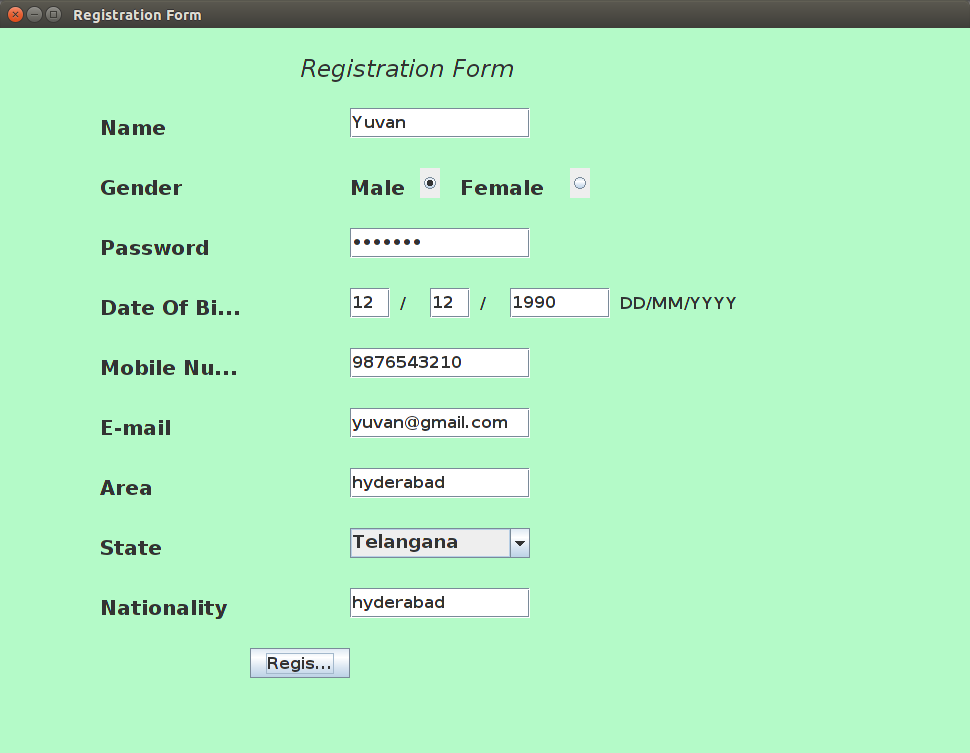 Programs Of Java Registration Form Using Swings