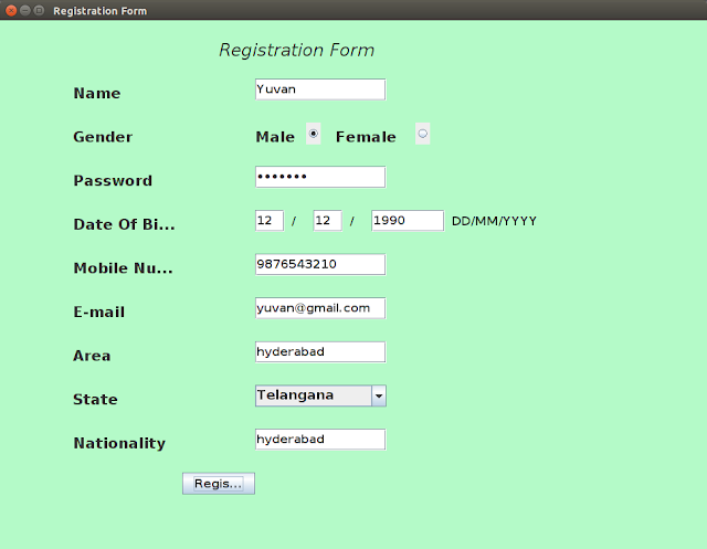 programs of java: Registration Form using swings