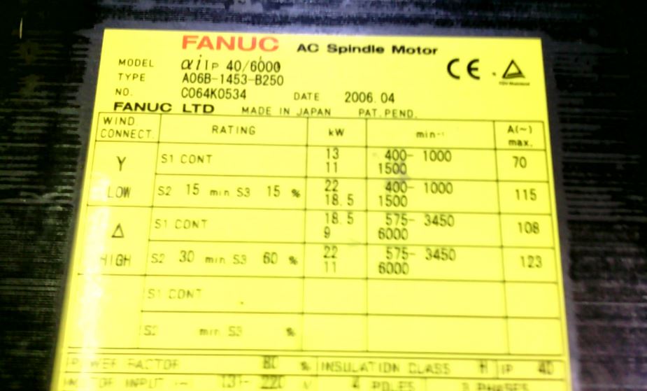 Machine: Fanuc AC Spindle Motor A06B-1453-B250 , A06B-1453-B200