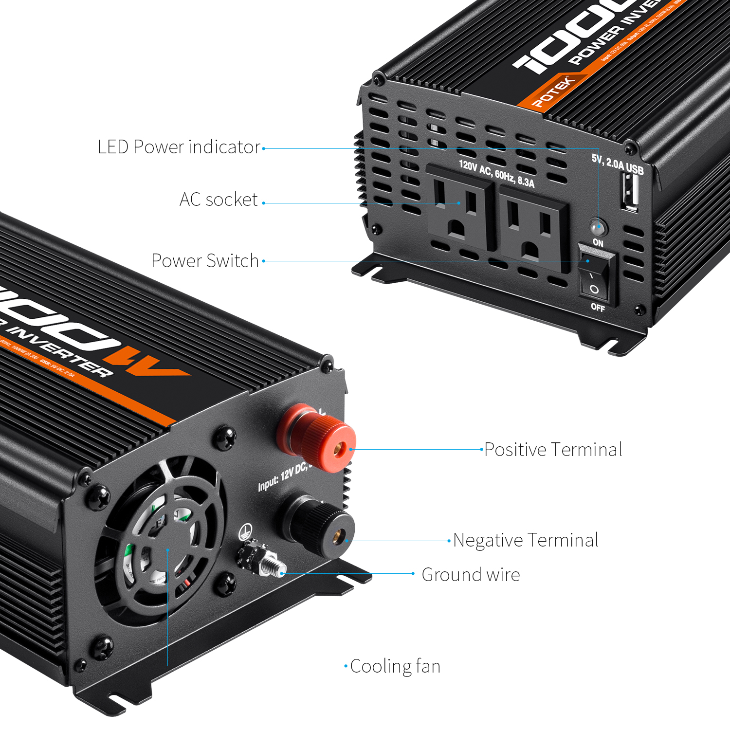 1000W Power Inverter Dual AC Outlets 12V DC to 110V AC Modified Sine ...