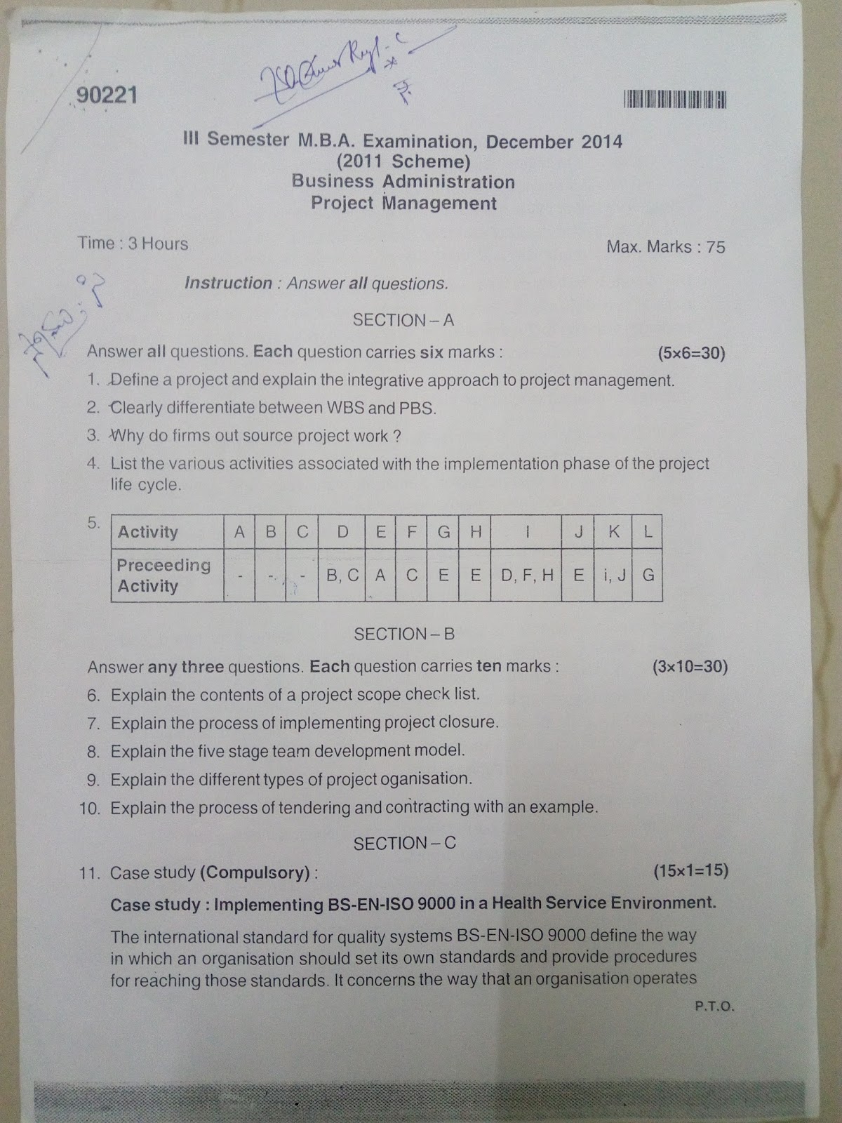 III SEM PROJECT MANAGEMENT QUESTION PAPERS