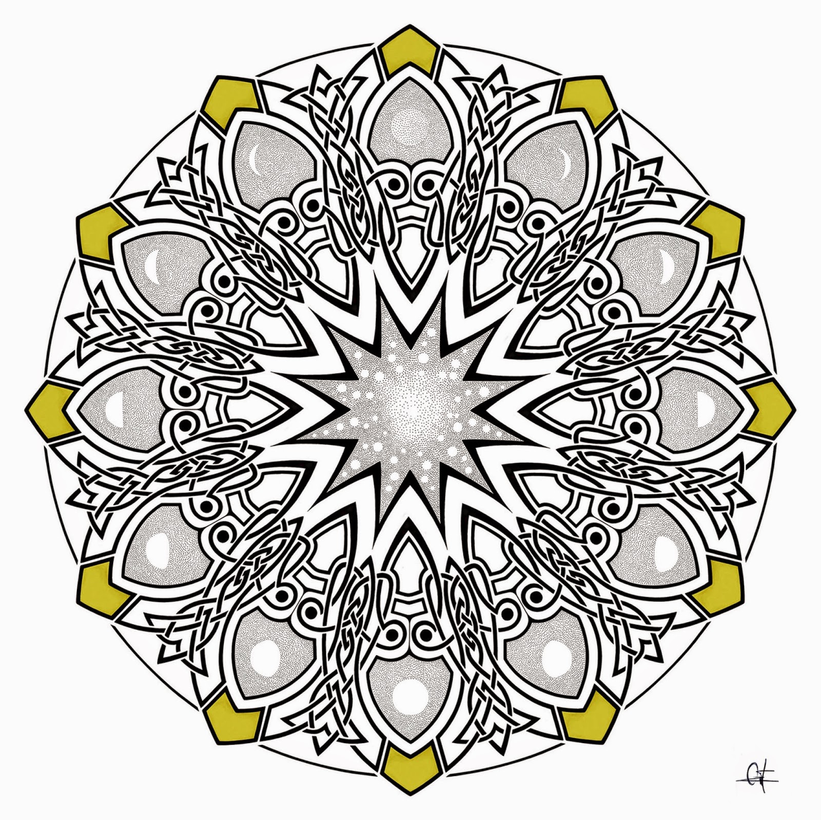 Arabesko: Dibujo puntillismo mandala decorativo, ciclo de rueda solar estilo códice medieval ...