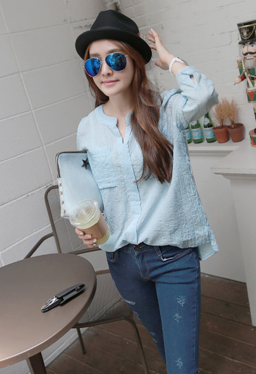 [Miamasvin] Crinkled Open Mandarin Collar Shirt | KSTYLICK - Latest ...