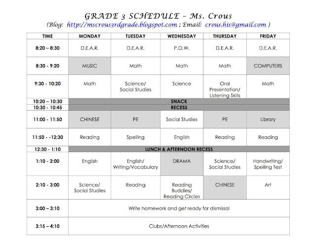 Great Grade 3's: Gr.3 Class Schedule