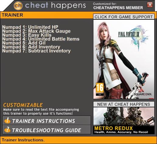 Cheat Happens Game Trainers: Final Fantasy XIII Trainer