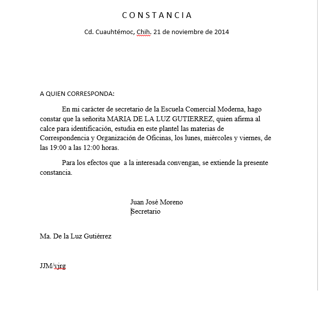 Elaborar documentos de oficina : Constancia