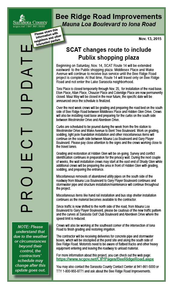 Bee Ridge Bus will extend Eastward to Bee Ridge Extension