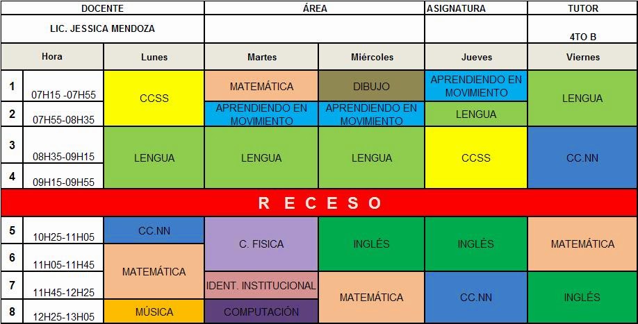 7mo "B" Lic. Jessica Mendoza 2019: HORARIO DE CLASES 4TO EGB (26 DE ...