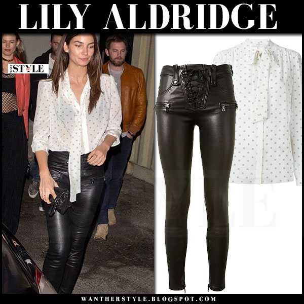Lily Aldridge in white print blouse and black leather pants on December ...