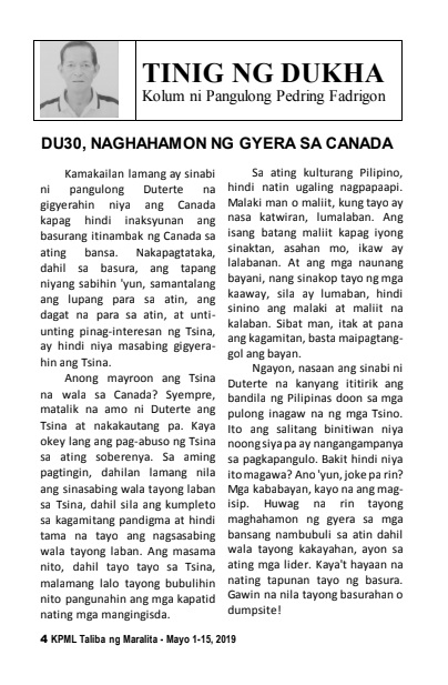 KPML: Ka Pedring Fadrigon kolum - Mayo 1-15, 2019