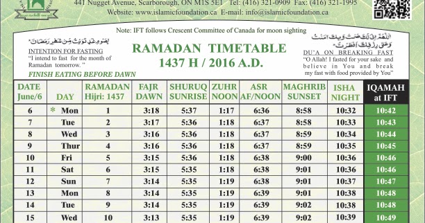 Islamic Foundation of Toronto - Ramadan 2016 Timetable - Masjids ...