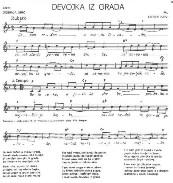 NOTE | DOMACE I STRANE: DEVOJKA IZ GRADA NOTE AKORDI TEKST