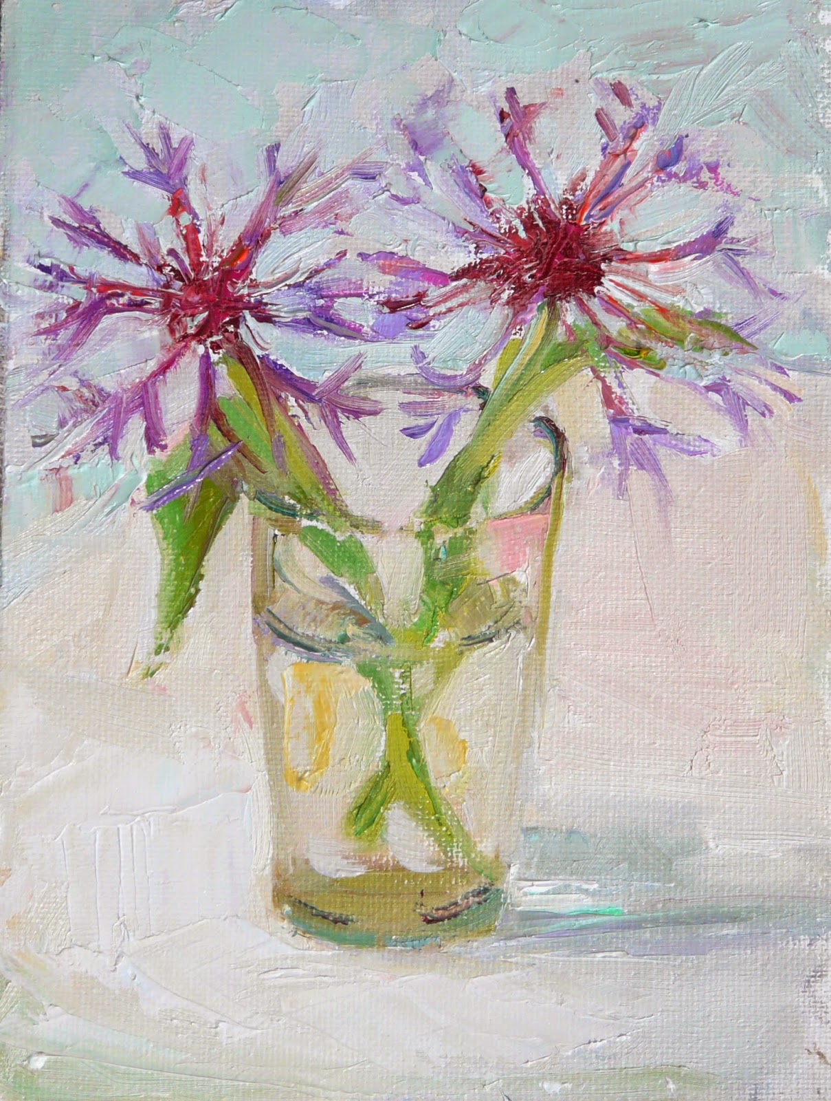 Art Every Day : Bachelor Buttons,still life,oil on canvas,7x5,price$125