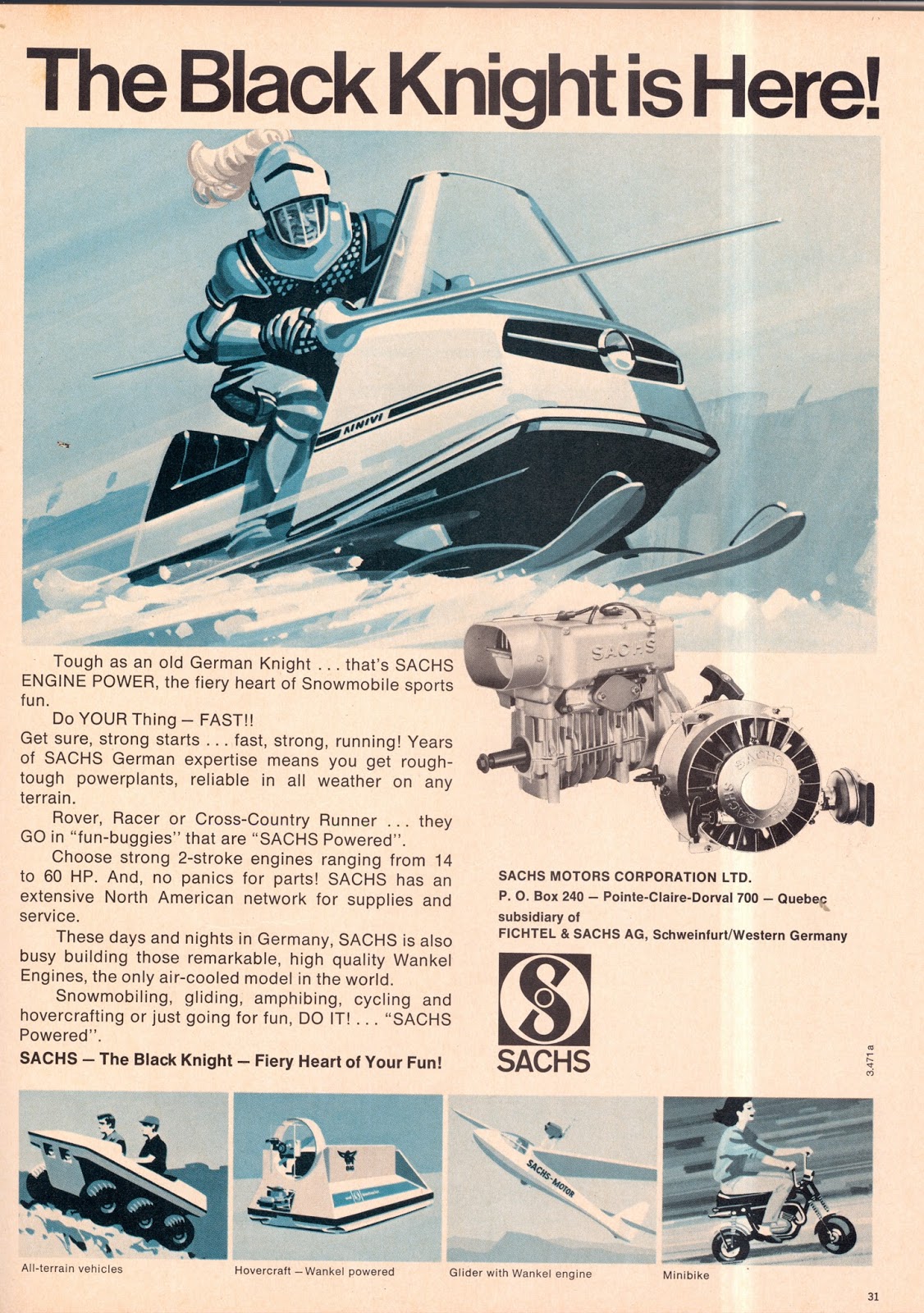 CLASSIC SNOWMOBILES OF THE PAST: 1970 SACHS SNOWMOBILE ENGINE ADVERTISEMENT