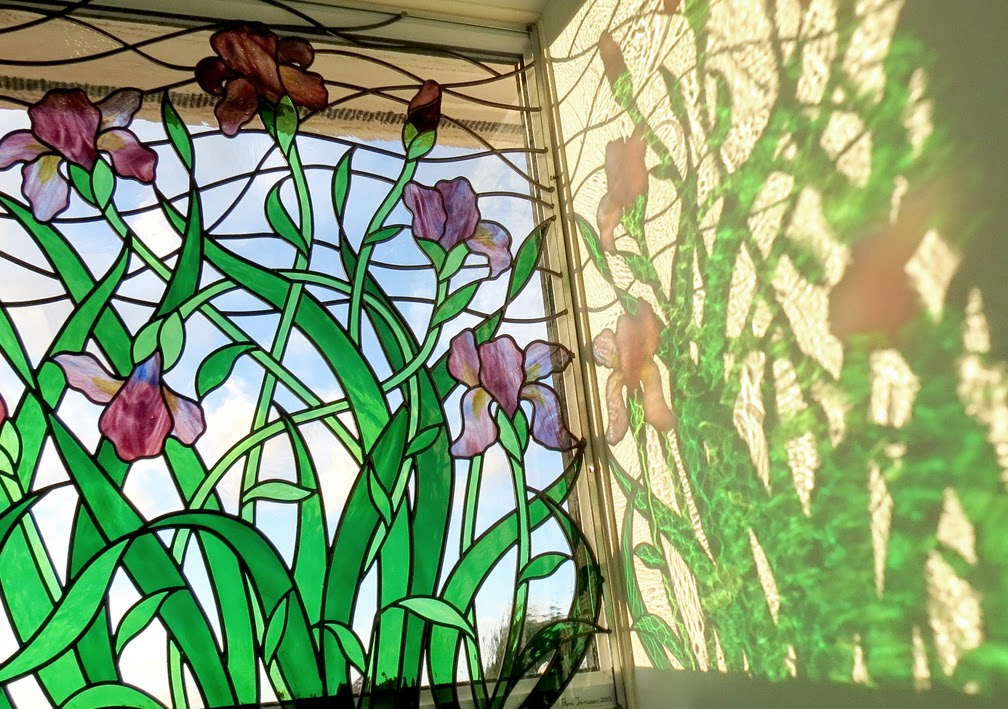 Through The Round Window: Purple Iris Stained Glass Window Commission