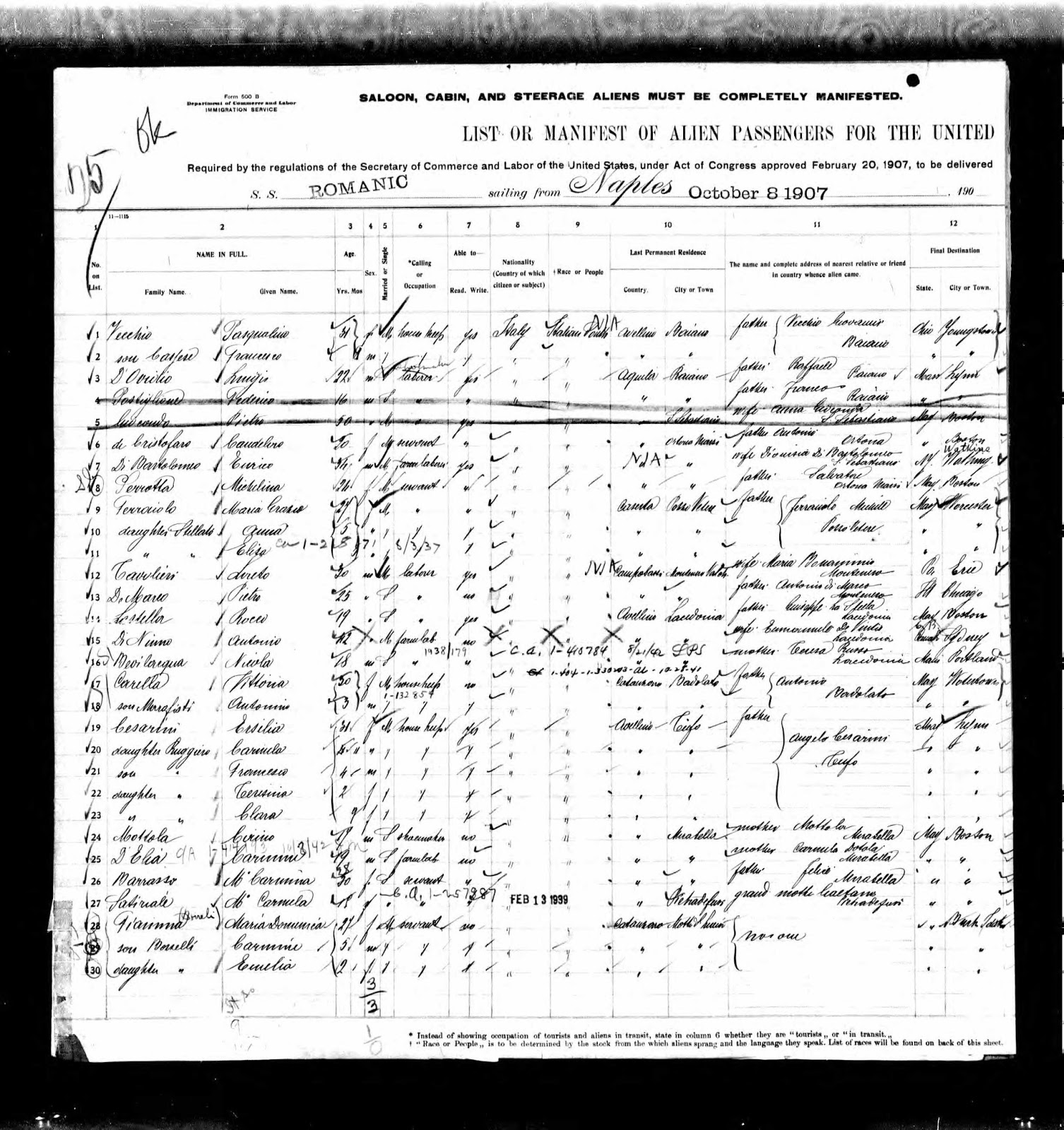 The Genealogy of Torre le Nocelle, Italy: Ship Manifest: SS Romanic ...