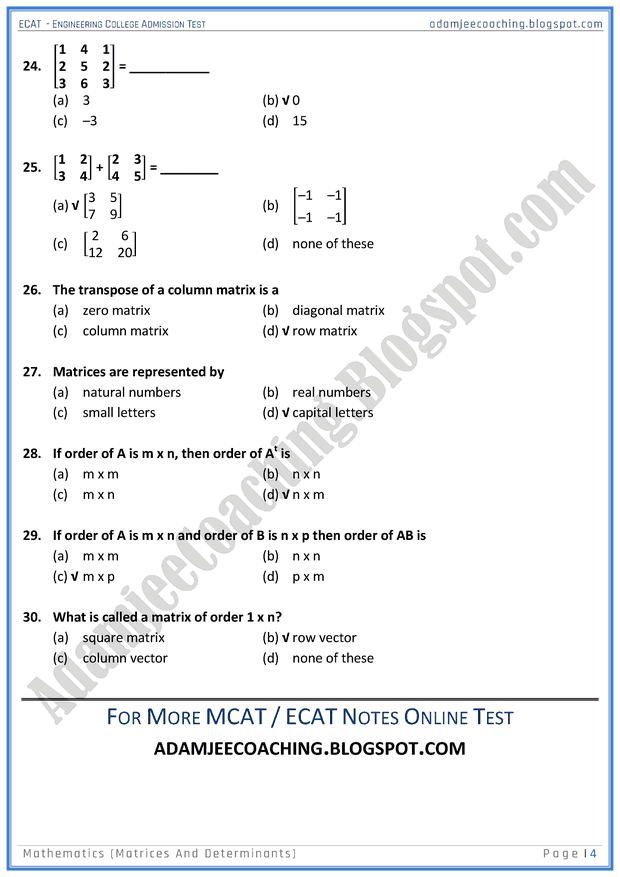 Adamjee Coaching: ECAT Mathematics [Matrices and Determinants] Mcqs for ...