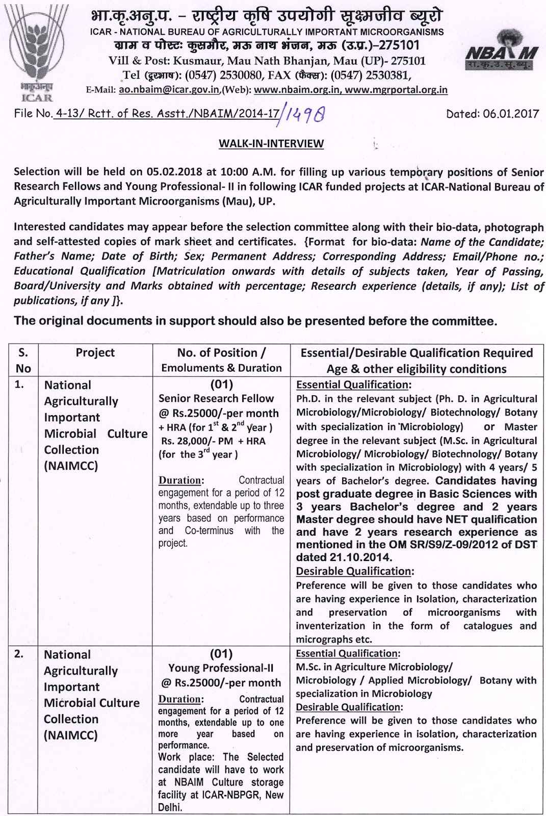 NBAIM SRF/PA Walk INs 2018 January