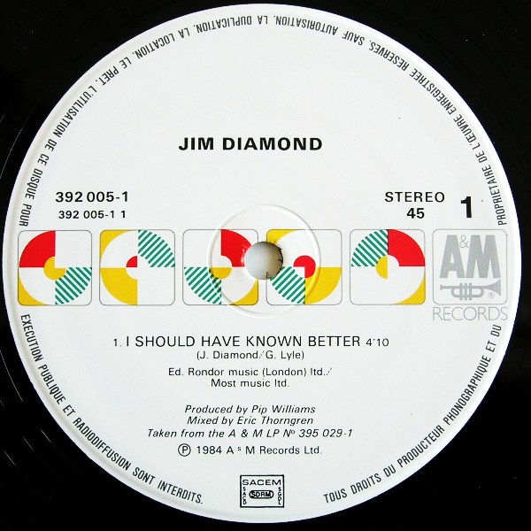 MAXI SINGLES DJ CHARS: JIM DIAMOND - I SHOULD HAVE KNOWN BETTER (1984 ...