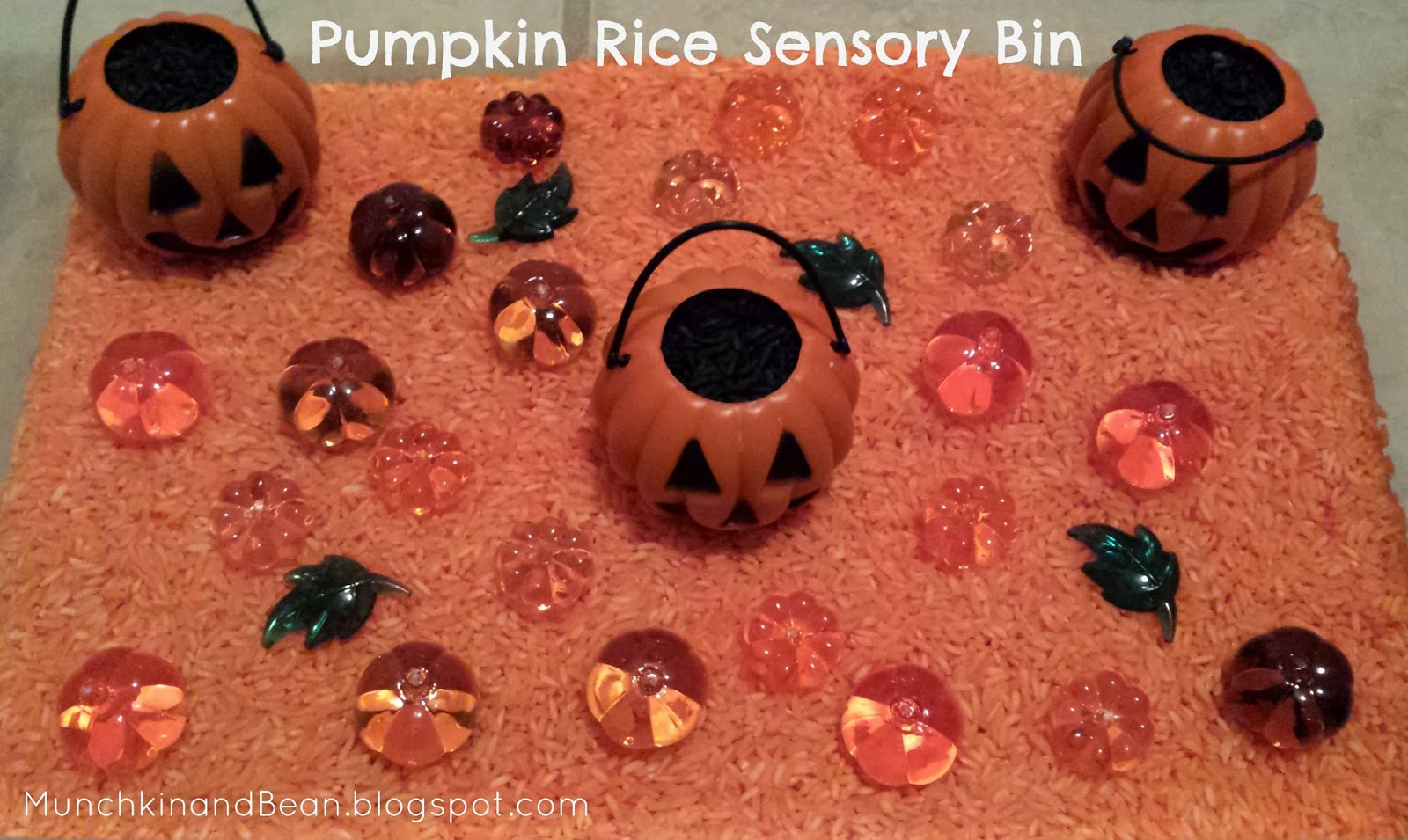 Munchkin and Bean: Pumpkin Rice Sensory Bin