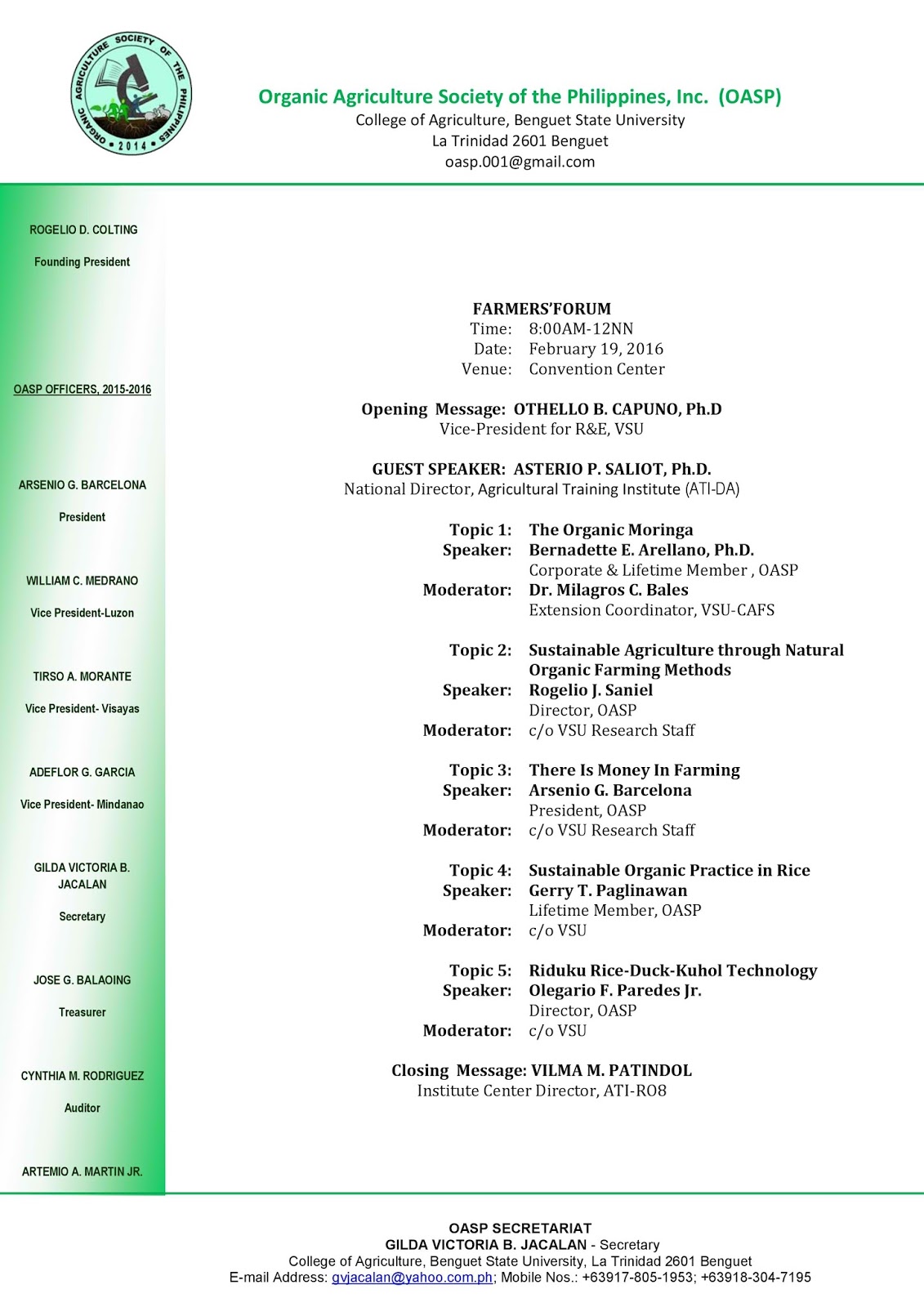 ORGANIC AGRICULTURE SOCIETY OF THE PHILIPPINES, INC. : Program of ...