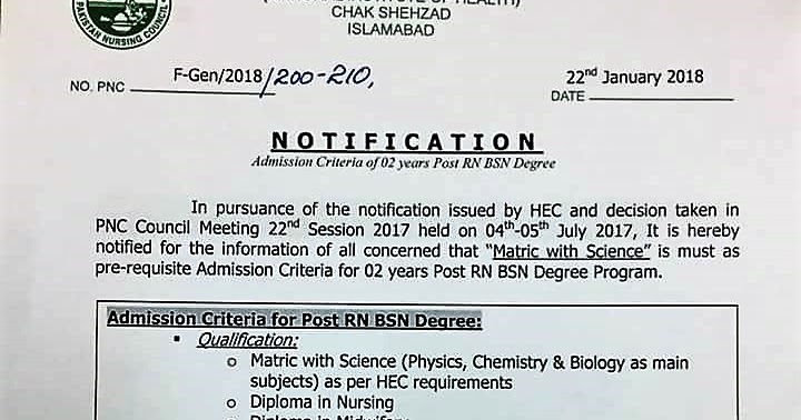 NOTIFICATION REGARDING ADMISSION CRITERIA FOR POST RN BSN DEGREE PROGRAM
