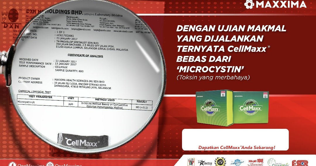 Maxxima Nutrition: Ujian Makmal Cellmaxx bebas Microcystin