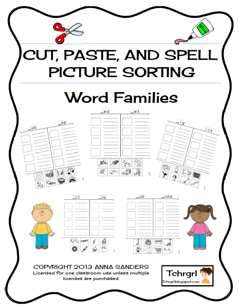 Tchrgrl: Word Families SMARTboard and Cut, Paste and Spell Worksheets