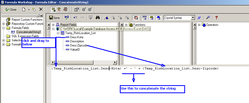 sharing: How To Concatenante String in Crystal Report